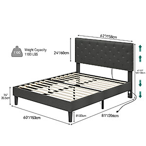 YITAHOME Queen Size Bed Frame, LED Bed Frame with Upholstered Adjustable Diamond Headboard, Platform Bed with USB Ports & Motion Sensor Light, Easy Assembly, No Box Spring Needed, Gray