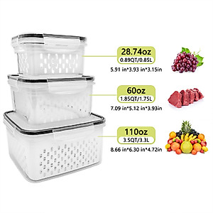 Xiureim 3 Pack Fruit Storage Containers for Fridge with Colanders, 4 in 1 Produce Saver Storage Containers, Airtight Food Storage Containers with Lids for Salad Berry Lettuce Vegetables Meat Keeper