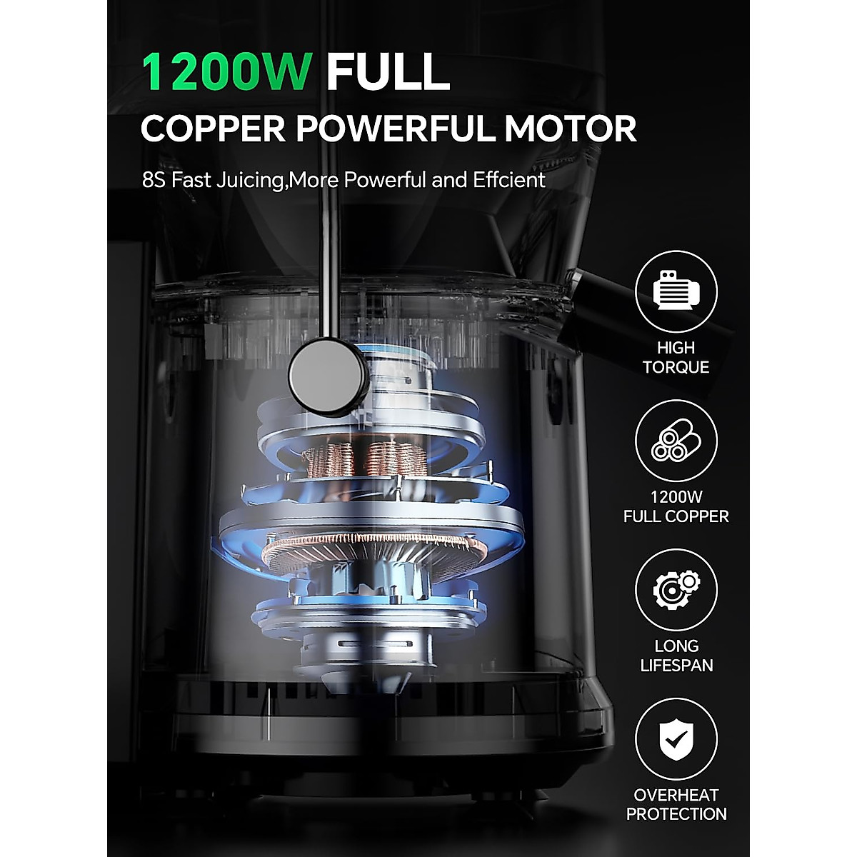 Juicer, 1200W Juicer Machine with 3" Feed Chute for Whole Fruits and Vegs, Dual Speeds Centrifugal Juice Extractor, High Juice Yield, Full Copper Motor, Easy to Clean, BPA Free