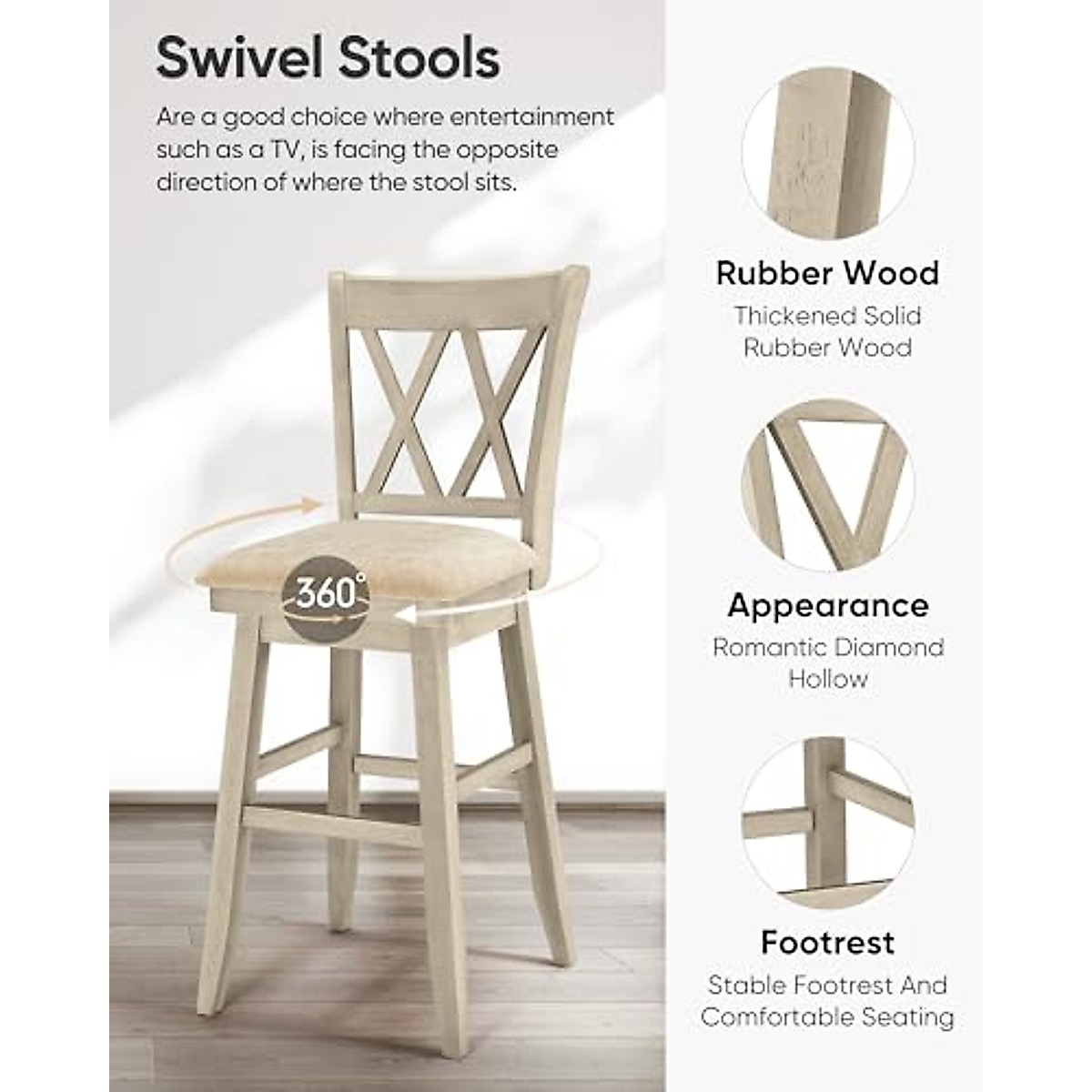 Bar Stools Set of 3, 30.3" Seat H for 39.3"~41.3" Counter Height, 360° Swivel Modern Bar Stool with Curved Wooden Back, Luxury Cloth Fabric Upholstered Counter Stools for Kitchen Island Counter