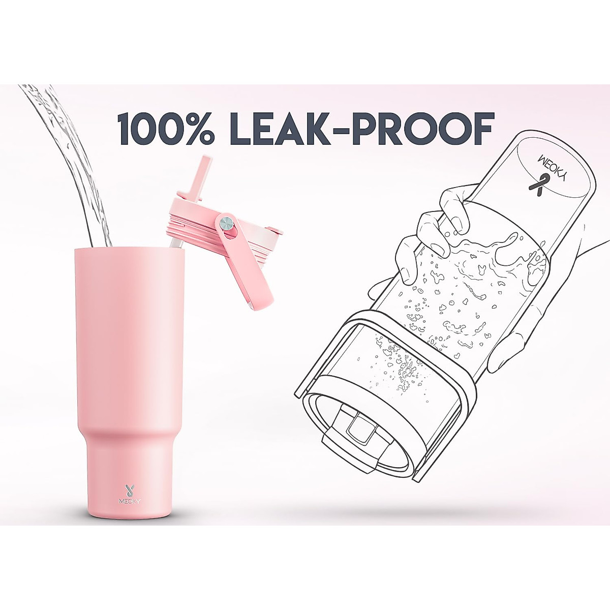 Meoky 40 oz Tumbler with Handle and Straw, Insulated Water Bottle, Stainless Steel Travel Mug, Keeps Cold for 34 Hours, 100% Leak Proof, Fits in Car Cup Holder (Blush)