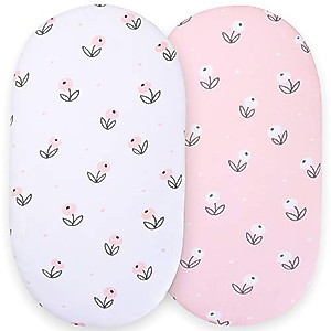 Bassinet Sheets for Baby Girl Set of 2 by Tansy Panda - Ultra Soft, Breathable, 100% Organic Cotton - Compatible with Halo, Hourglass, Rectangle Bassinet Mattress Pad - Pink and White Floral