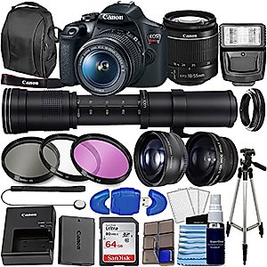 Camera EOS Rebel T7 w/ 18-55mm Zoom Lens Kit + 64GB Memory, 420-800mm Super Zoom Lens, Wide Angle Lens, Telephoto Lens, 3PC Filter Kit, Photo Backpack, Tripod + More (34PC Bundle)