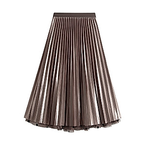 Qoinied Women's Polka Dot Mesh Half-Body Skirt High-Waisted Draped Pleated Skirt Large Hem Tulle A-line Midi Skirts Khaki