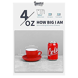 Sweese 402.404 Espresso Cups with Saucers, 4 Ounce Demitasse Cups, Perfect for Single or Double Espresso, Cappuccino, Latte and Tea - Set of 4, Red