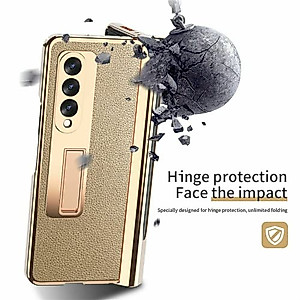 EAXER for Samsung Galaxy Z Fold 3 5G Luxury Lychee Pattern Leather Stand Case Plating Pen Slot Case with Front Tempered Glass All-Inclusive Protective Cover Case Gold