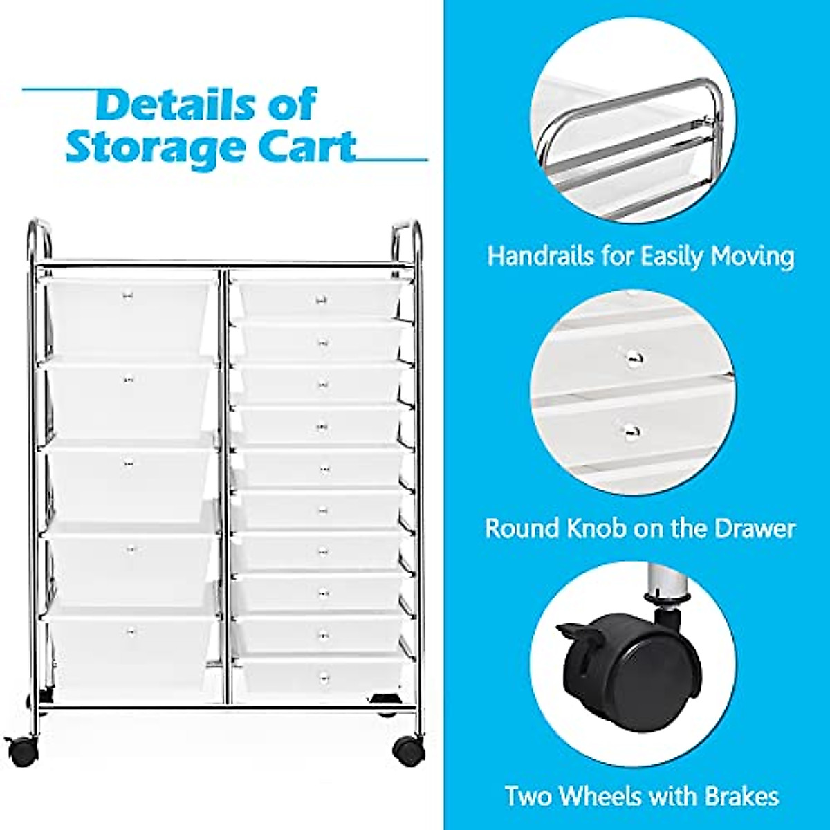 KOTEK 15-Drawer Rolling Storage Cart, Multipurpose Mobile Utility Cart with 4 Wheels, Home Office School Tools Scrapbook Paper Organizer (Clear)