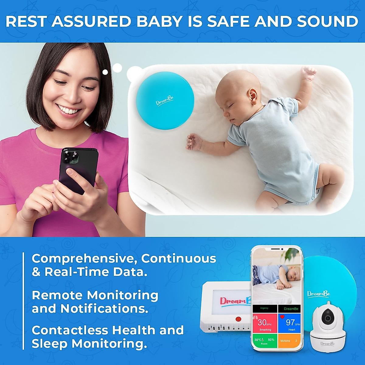 DreamBe-1 by OnSky Contactless Smart Baby Breathing Monitor, Realtime Heart Rate and Sleep Tracker – Monitor Baby Anywhere, Anytime – Touch-Screen Display WiFi - Urgency (DreamBe-1 Blue)