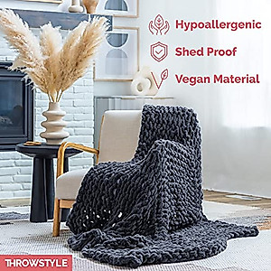ThrowStyle Chunky Knitted Blanket - Soft Chenille Blanket Tight Knit Heavy Weighted - Large Full Size 50 x 60 Inch, Dark Grey