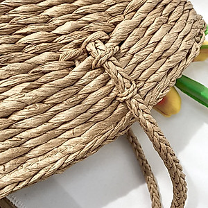 QTKJ Straw bags, Hand-woven Women Summer Retro Straw Tote Bag Pure Colour Straw Beach Shoulder Bag (Khaki)