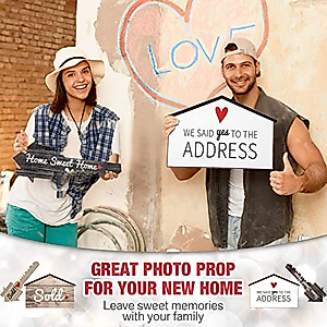 SweetMind 2 Pieces Real Estate Sold Signs, Wooden Double-Sided Social Media Photo Props, We Said Yes to the Address House Shaped and Home Sweet Home Key Shaped Wood Decor Closing Gift for Homeowner Realtor