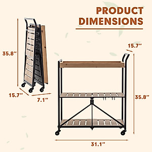 MELLCOM Folding Bar Cart Kitchen Serving Cart on Lockable Wheels 3-Tier Rolling Utility Cart with Glass Holders for Home Kitchen, Rustic Brown