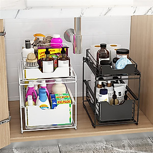 Tngan 2 Tier Under Sink Organizer with Sliding Storage Drawer Pull Out Countertop Storage Basket Kitchen Cabinet Storage Rack, White Large