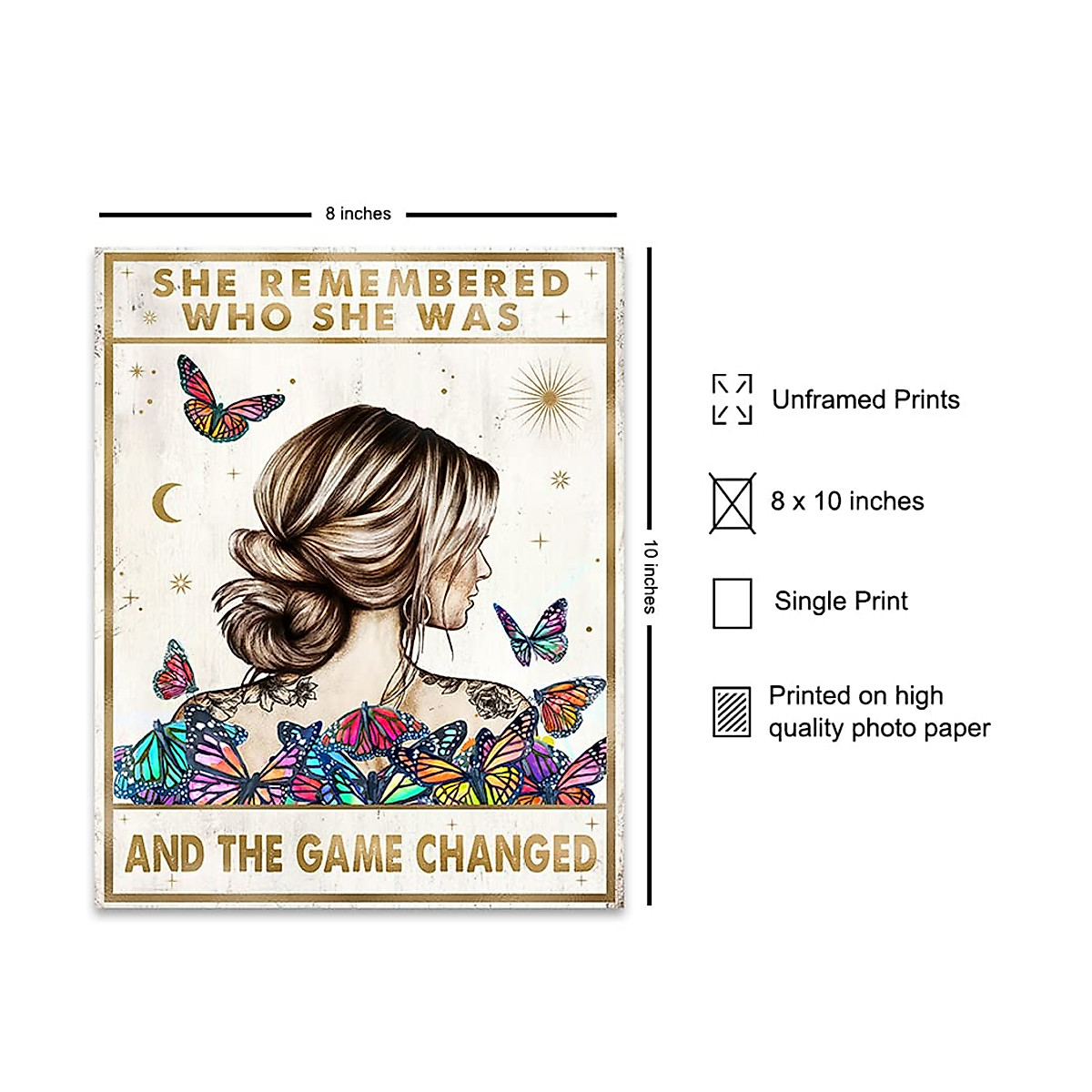 Positive Quotes Wall Decor - Motivational Wall Art - Inspirational Gifts for Women, Woman Girl - Encouraging Wall Decor - She Remembered Who She Was And The Game Changed - Boho-chic decoration 8x10