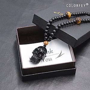 Obsidian Skull Necklace for Mens, Triple Protection Crystal Necklace with Genuine Obsidian Tiger Eye and Black Onyx Stone, Natural Mens Beads Necklace to Bring Luck, Prosperity and Happiness
