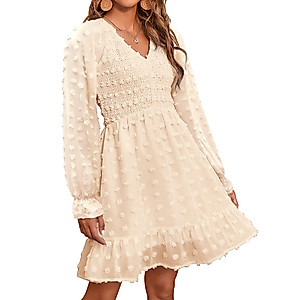 BTFBM Women V Neck Smocked Short Dress Long Sleeve Flowy Casual SwissDot Ruffle Mini Babydoll Spring Summer Dresses 2024(Solid Apricot, XX-Large)