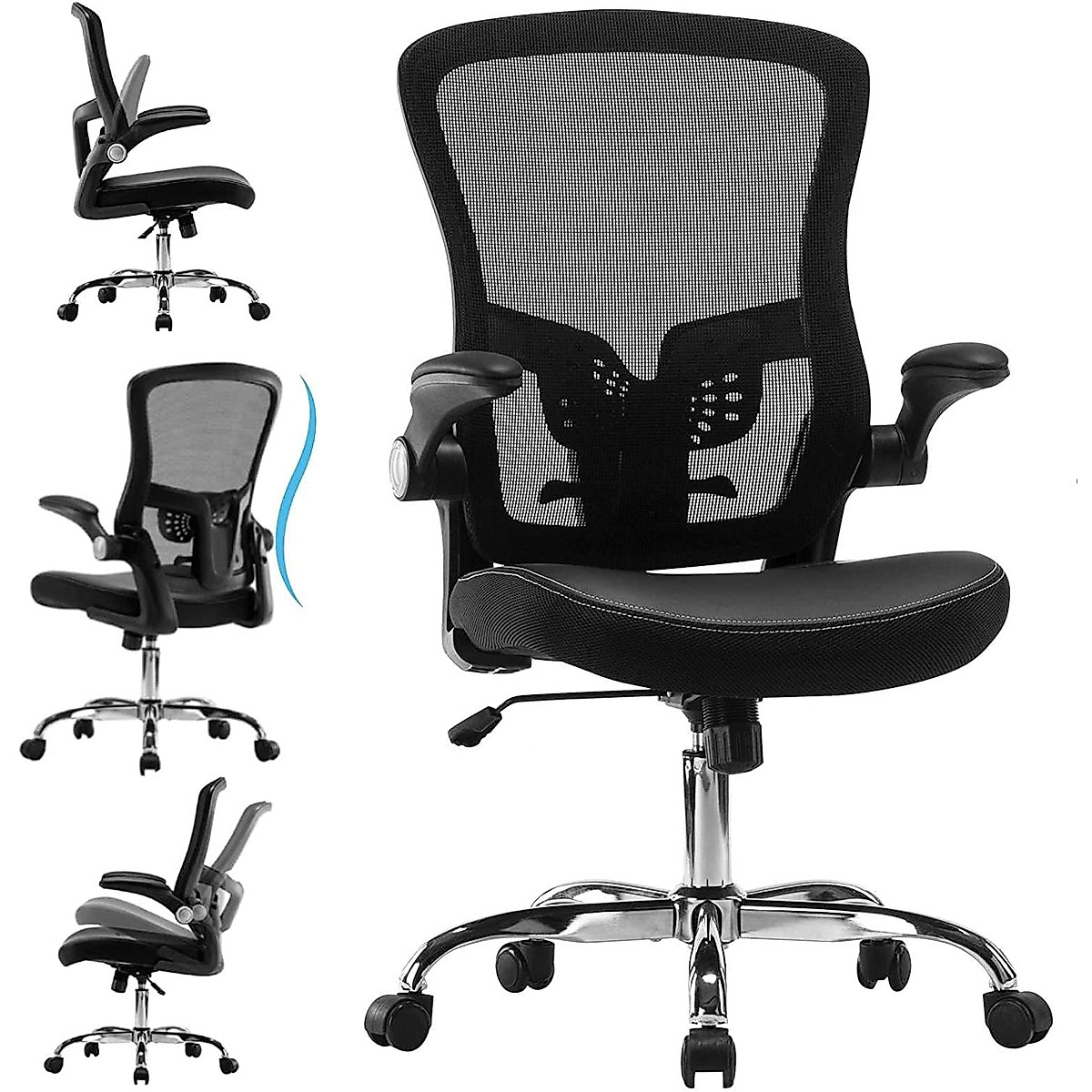 Mesh Office Chair Ergonomic -Adjustable Height, Desk Chair with Wheels Mesh Computer Desk Chair with Flip-up Arms PU Leather Task Chair 300lbs