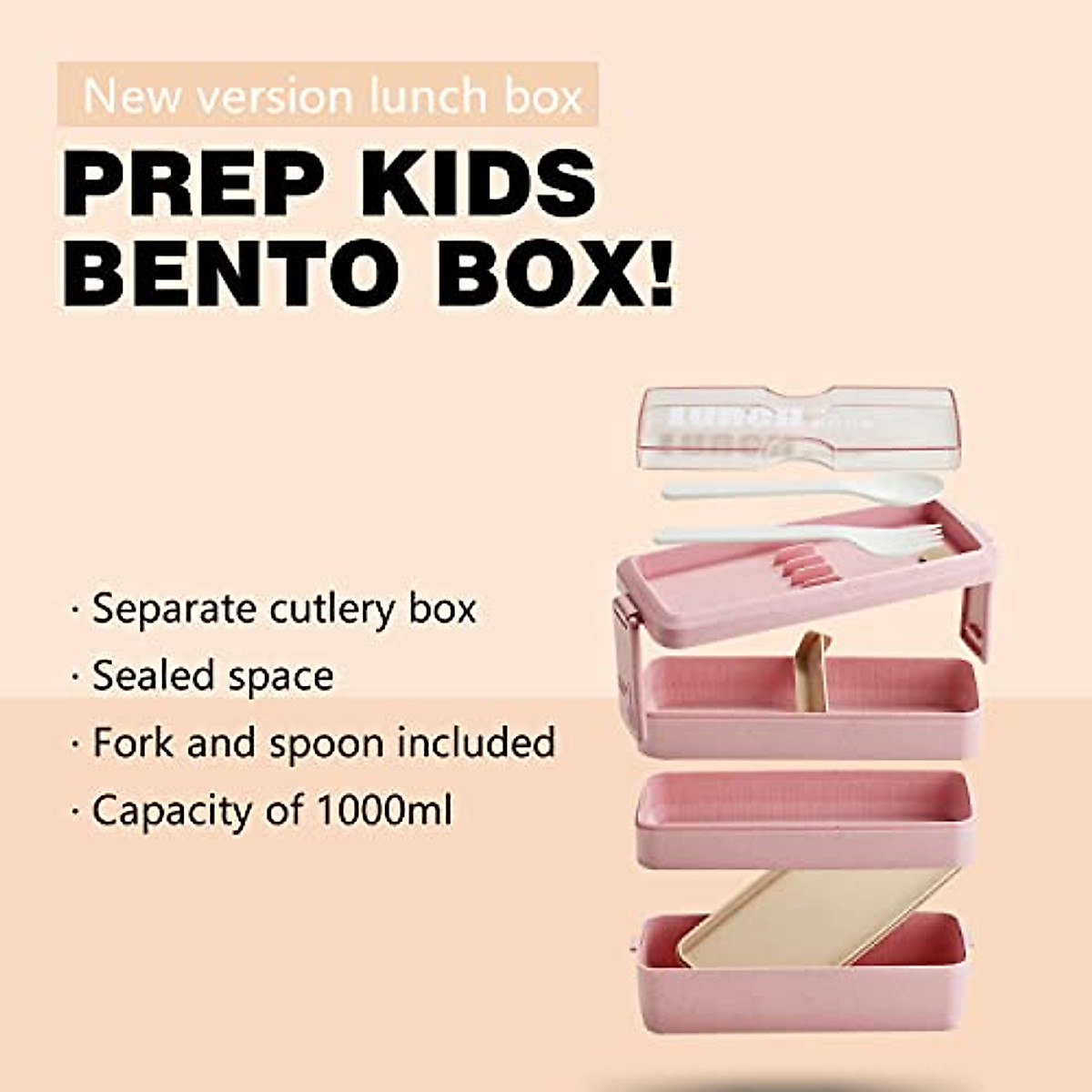Sudreman Stackable Bento Box Japanese Lunch Box Kit with Spoon & Fork, 3-In-1 Compartment - Wheat Straw Meal Prep Containers -1000ml