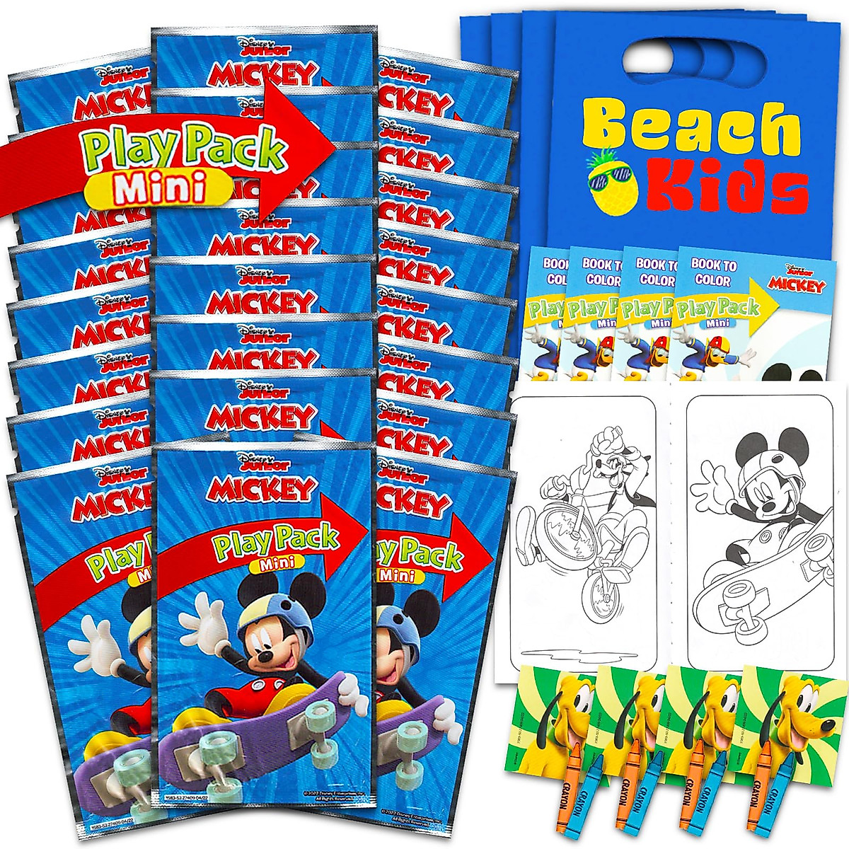 Beach Kids Disney Mickey Mouse Birthday Party Favors Set - Bundle with 24 Mickey Play Packs | Mini Coloring Books, Stickers, and More for Goodie Bags