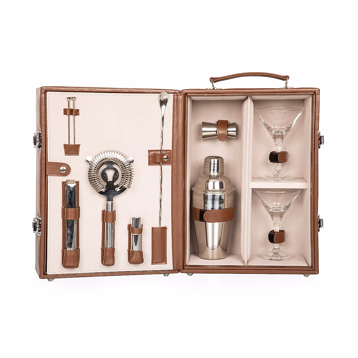 LEGACY - a Picnic Time brand Manhattan Case, Stainless Steel Cocktail Shaker Set, Premium Tools, Bar Accessories, and Bartender Kit, One Size, Mahogany with Tan Accents