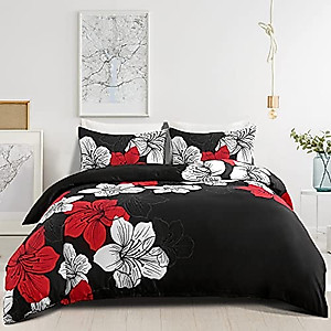 3 Pieces Duvet Cover Set Queen Red Floral Pattern Comforter Cover Elegant Boho Floral Duvet Cover with 2 Pillow Cases Lightweight Microfiber Bedding Duvet Cover Set All Season (Black, 90"x90")