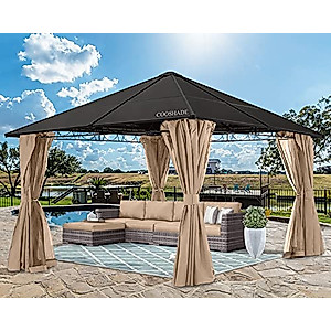 COOSHADE 10×12 Polycarbonate Roof Patio Gazebos Waterproof Outdoor Gazebo with Curtains and Mosquito Netting (Khaki)