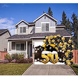 50th Birthday Backdrop for Men, Cheers and Beers to 50 Years Banner Black and Gold Foil Balloon Anniversary Birthday Party Decorations Supplies W-7138