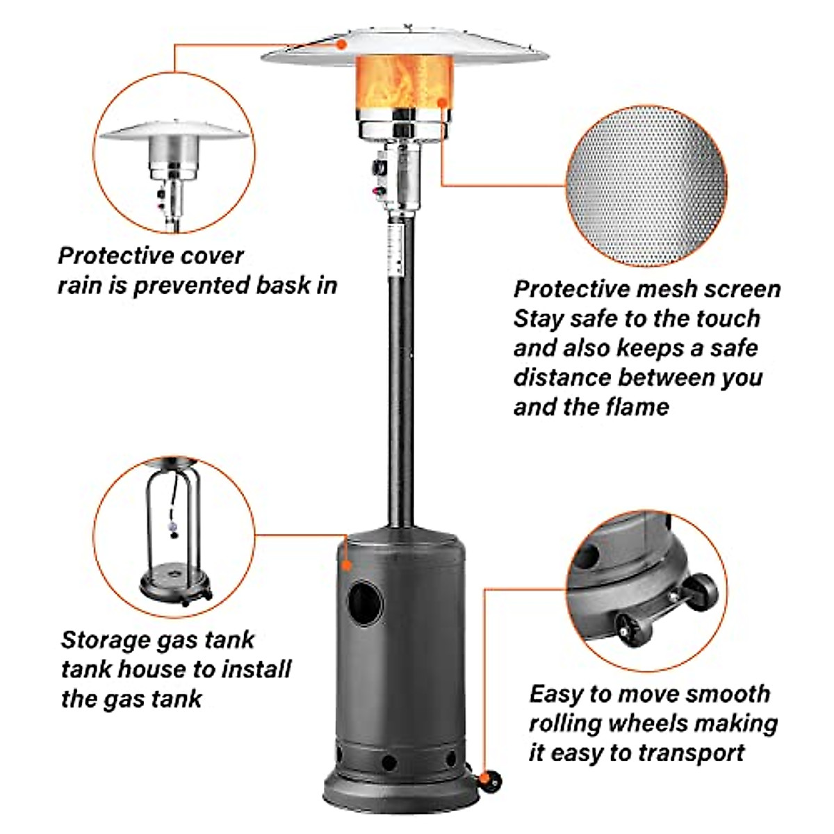 Saemoza 46,000 BTU Outdoor Propane Patio Heater, Standing Garden Heater with Wheels Outdoor Heater Propane Gas, ETL Certified Gas with Safety Ignition System (Silver)