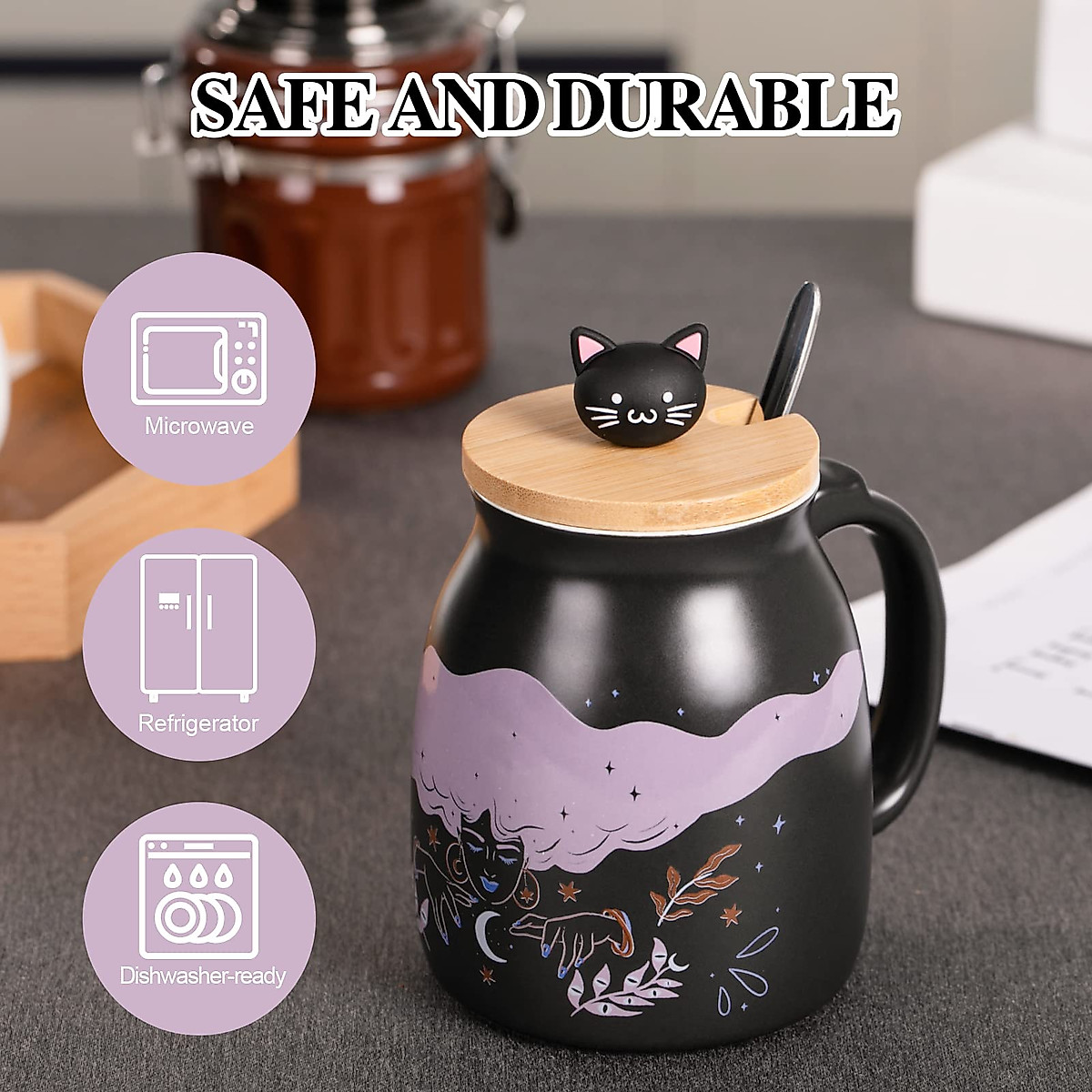 YUESHICO Witches coffee mug - Witch Ceramic Coffee Cup with Black Cat Bamboo Lid Stainless Steel Spoon, Novelty Morning Cup Tea Milk Christmas Halloween Mug Gift 420ML (Black)