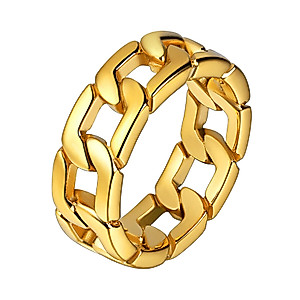 U7 Men Women 18K Gold Plated 7mm Wide Band Cuban Link Chain Ring, Size 7