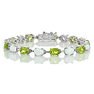 Ice Gems Sterlilng Silver Peridot and Created White Opal 7x5mm Oval-Cut Tennis Bracelet