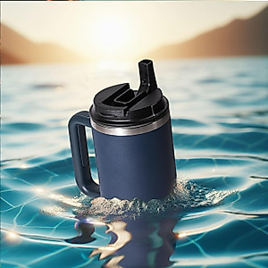 Klickpick Home 40 Ounce Stainless Steel Vaccum Insulated Thermal Tumbler With Handle Lid 2 straws, Reusable Travel Coffee Mug Cup Cupholder friendly, Keeps cold for 30 H, 100% Leakproof (Navy Blue)