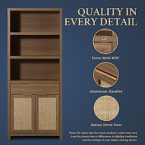 OAKHAM HOME Hampstead Bookcase, Rattan Bookcase with Doors Cabinet and Drawer, 5-Tier Bookshelf, Large Wooden Book Case, Tall Bookshelves for Library Living Room (Special Walnut, 1 Piece)