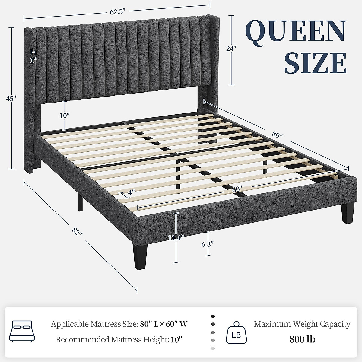 Yaheetech Queen Bed Frame Upholstered Platform Bed with Fabric Headboard, Wing Edge Design/Non-Slip and Noise-Free/Wooden Slats Support/No Box Spring Needed/Easy Assembly, Dark Gray Queen Bed