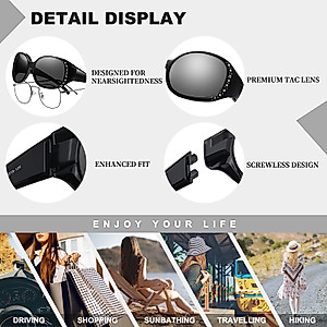 HAOLOTA Women's Polarized Fit Over Sunglasses with Rhinestone, Sun Glasses for Prescription Glasses UV400 Protection