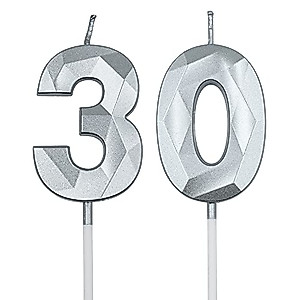 30th Birthday Candles for Cake, Silver Number 30 3D Diamond Shaped Candle Birthday Decorations Party Supplies for Women or Men