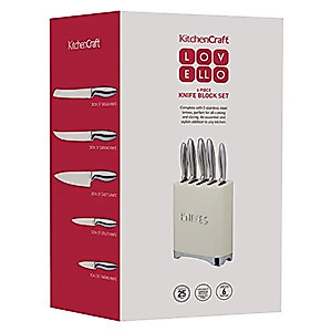 Kitchen Craft Lovello Retro 5-Piece Stainless Steel Knife Set and Knife Block – Vanilla Cream