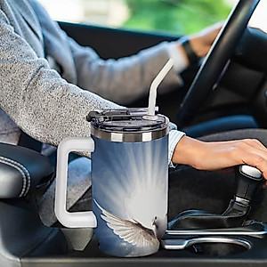 LLUTSNTH 40 Oz Vacuum Tumbler with White Handle Leakproof Insulated Tumbler Dove Sky Stainless Steel Travel Mug with Lid And Straw Coffee Cup Cute Water Bottles Cup Holder Friendly