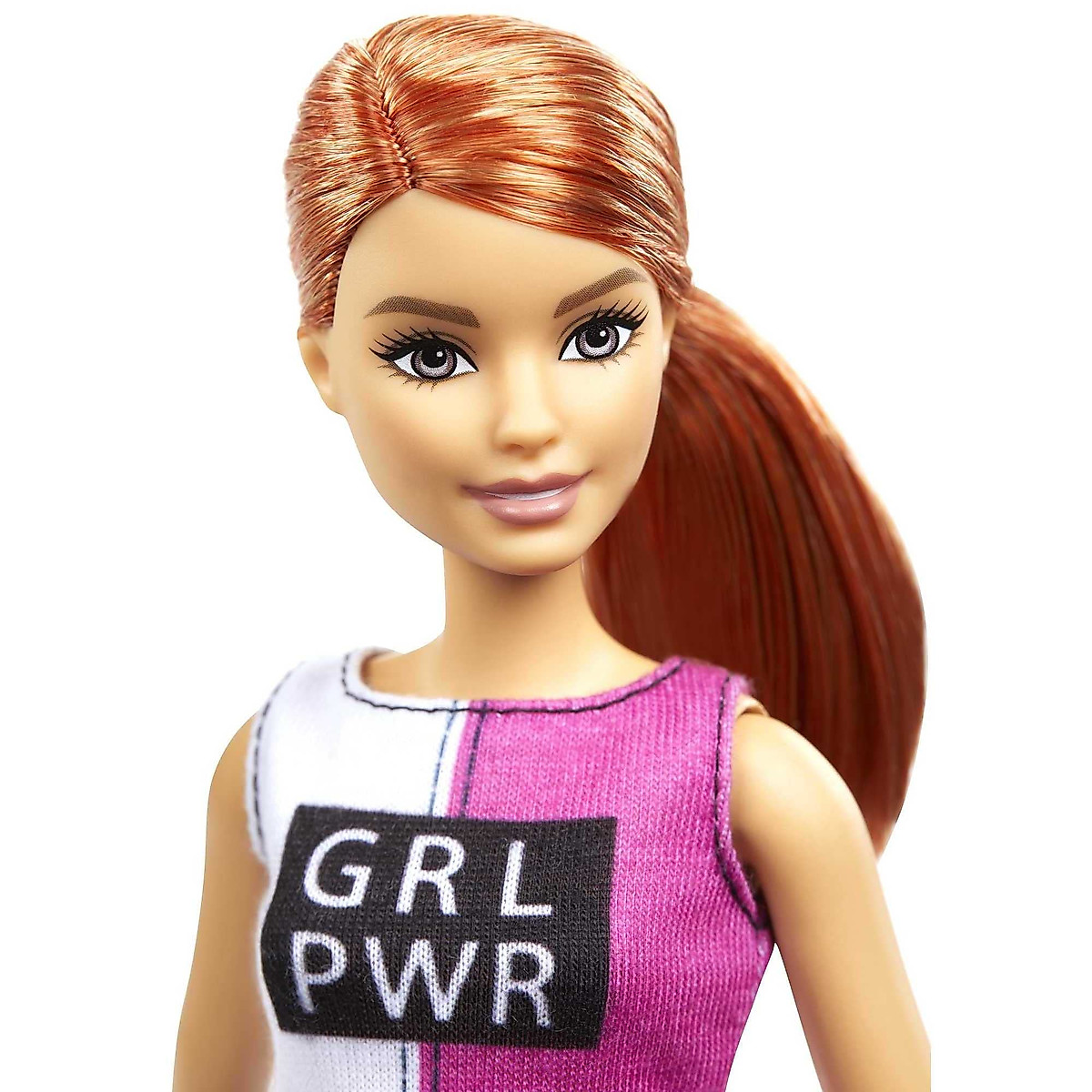 Barbie Doll, Red-Haired Fitness Doll with Puppy & 9 Accessories Including Yoga Mat with Strap, Hula Hoop, Weights & Bag