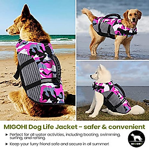 MIGOHI Dog Life Jacket, Camo Dog Life Vest with Rescue Handle for Swimming Boating Pool, High Visibility Dog Flotation Swimsuit Ripstop Doggy Lifesaver for Small Medium Large Dogs, Pink M