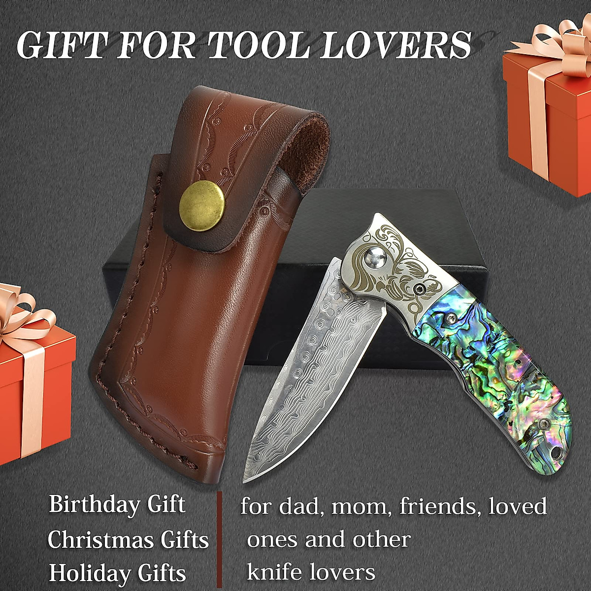 AUBEY Damascus Steel Pocket Knife with Clip, Abalone Shell Handle Folding Knife, Sharp EDC Hunting Knife with Leather Sheath for Camping Collection