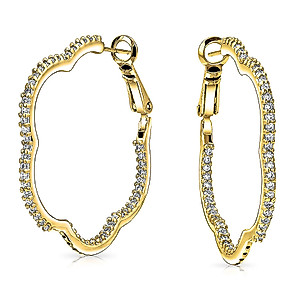 Flower Shaped Pave CZ Cubic Zirconia Large Clover Hoop Earrings Hoop Earrings For Women 14k Yellow Gold Plated Brass 1.5 Inch Diameter