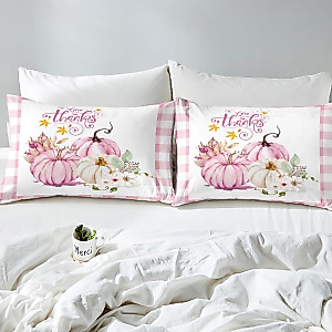 Pink Fall Bed Sheet Set Pumpkin Fitted Sheet for Kids Boys Girls Teens Room Decorations Autumn Harvest Bedding Set Full Size Buffalo Check Grid Bed Cover Deep Pocket 3Pcs
