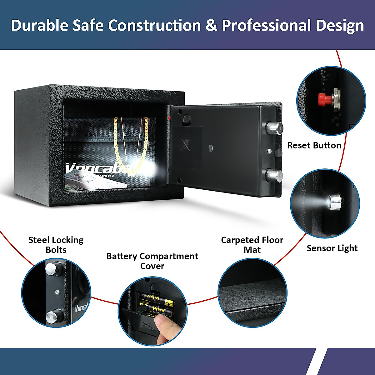 Voncabay Money Safe Box for Home with Sensor Light & Fireproof Money Bag for Cash Safe, Security Safe Box for Money Safe with Keys & Pass Code, Lock Box Fireproof Safe with Digital Keypad