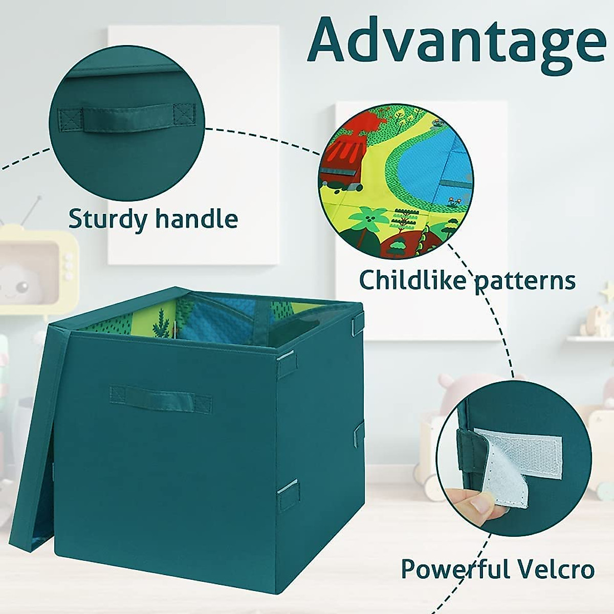 homyfort Kids Play Mat and Toy Chest Box Storage,Collapsible Storage Bin Holders with Lid for Playroom, Closet, Bedroom, Outdoor,Home Organization and Classroom12.8 12.8" 13.2"/38.4" 38.4"(Green)