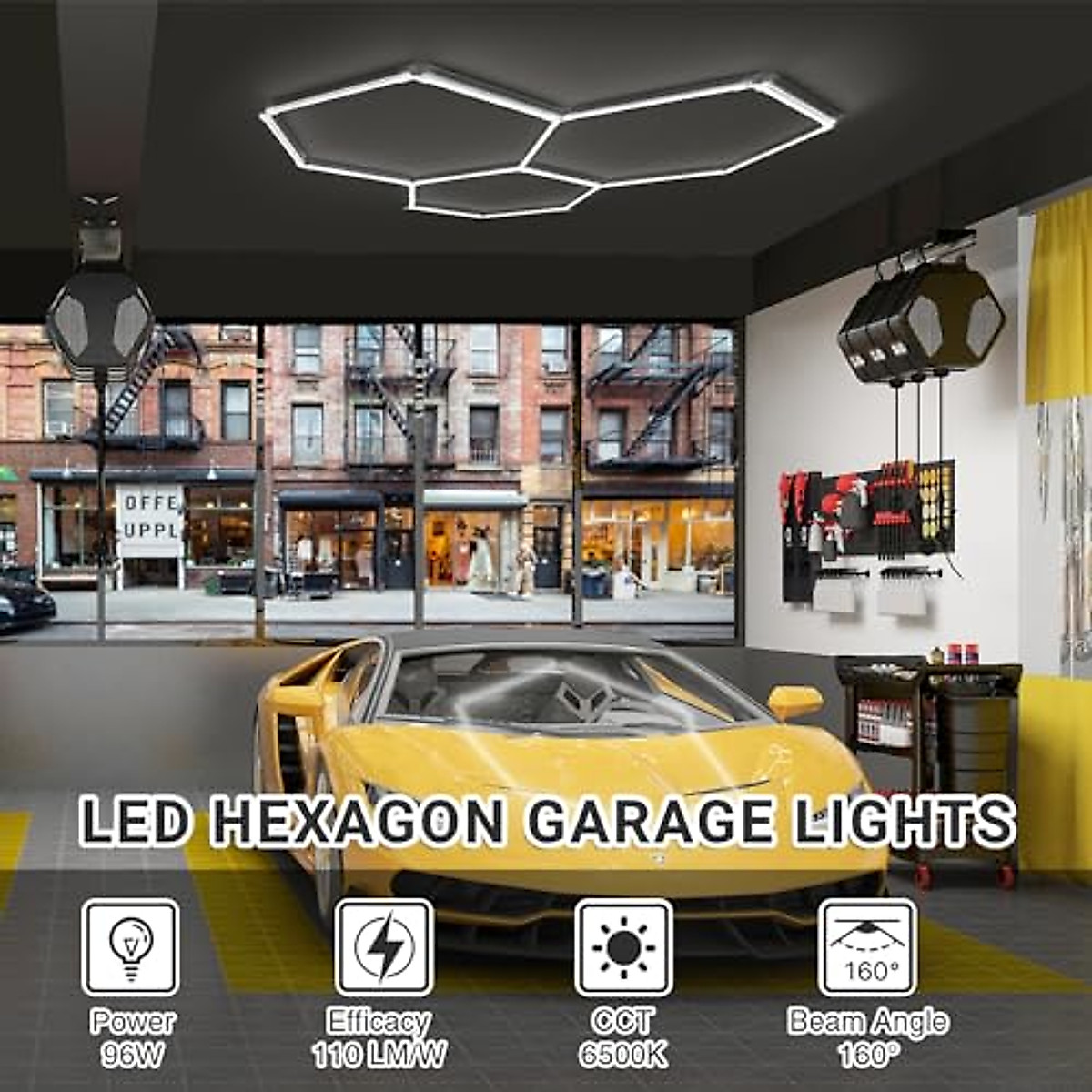 HYPERLITE Gen 1 Hexagon Garage Lights, 3 Grid Systems Honeycomb Lights Ceiling, Hexagon Ceiling Light 6500K Cool White for Shop Garage Gym Basement Car Care Wash Room Auto Detailing