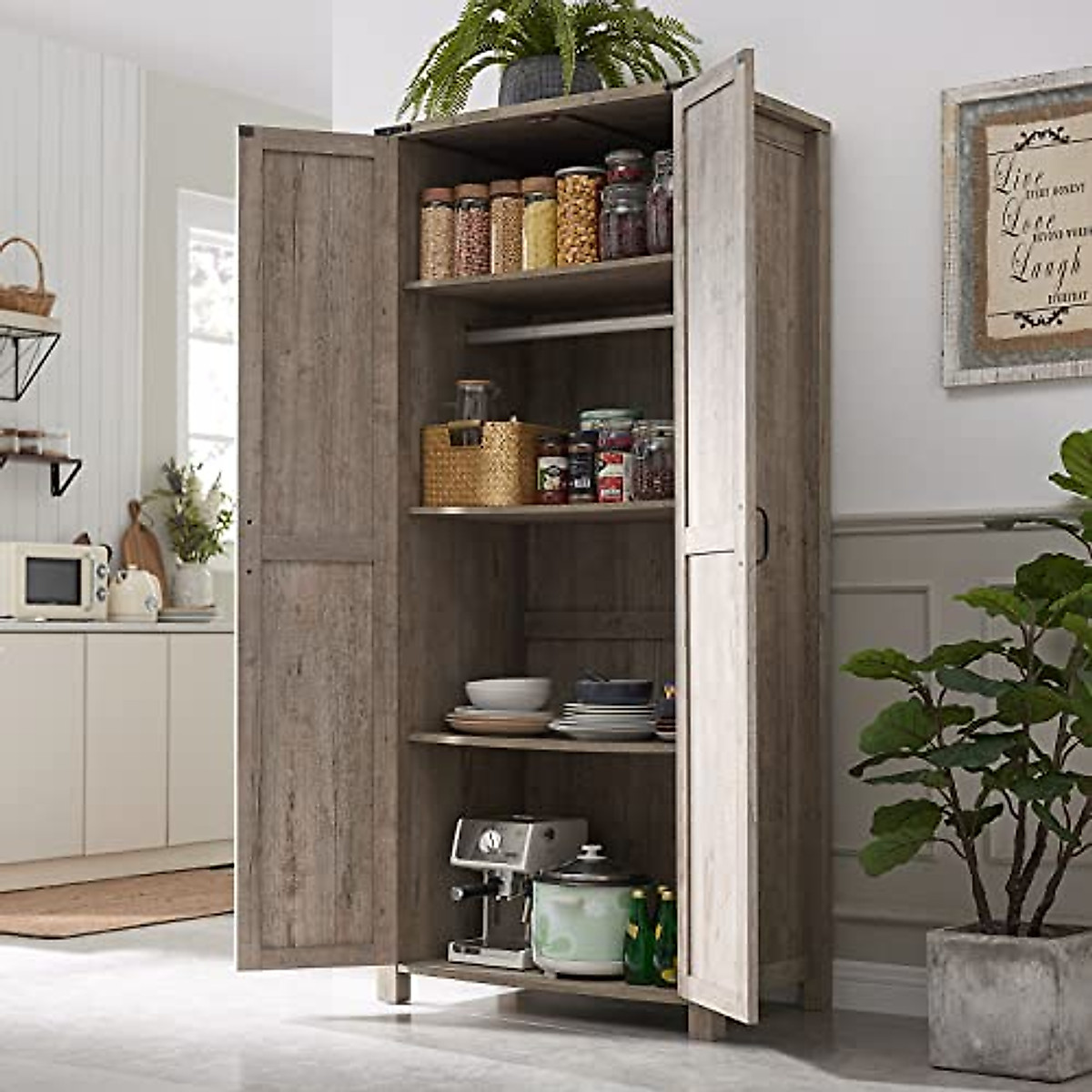 OKD Storage Cabinet, 32'' Farmhouse Armoire w/Adjustable Shelves, Rustic Pantry w/2 Barn Doors & Hanging Rod, Versatile Storage for Kitchen, Bathroom, Laundry, or Utility Room, Light Rustic Oak