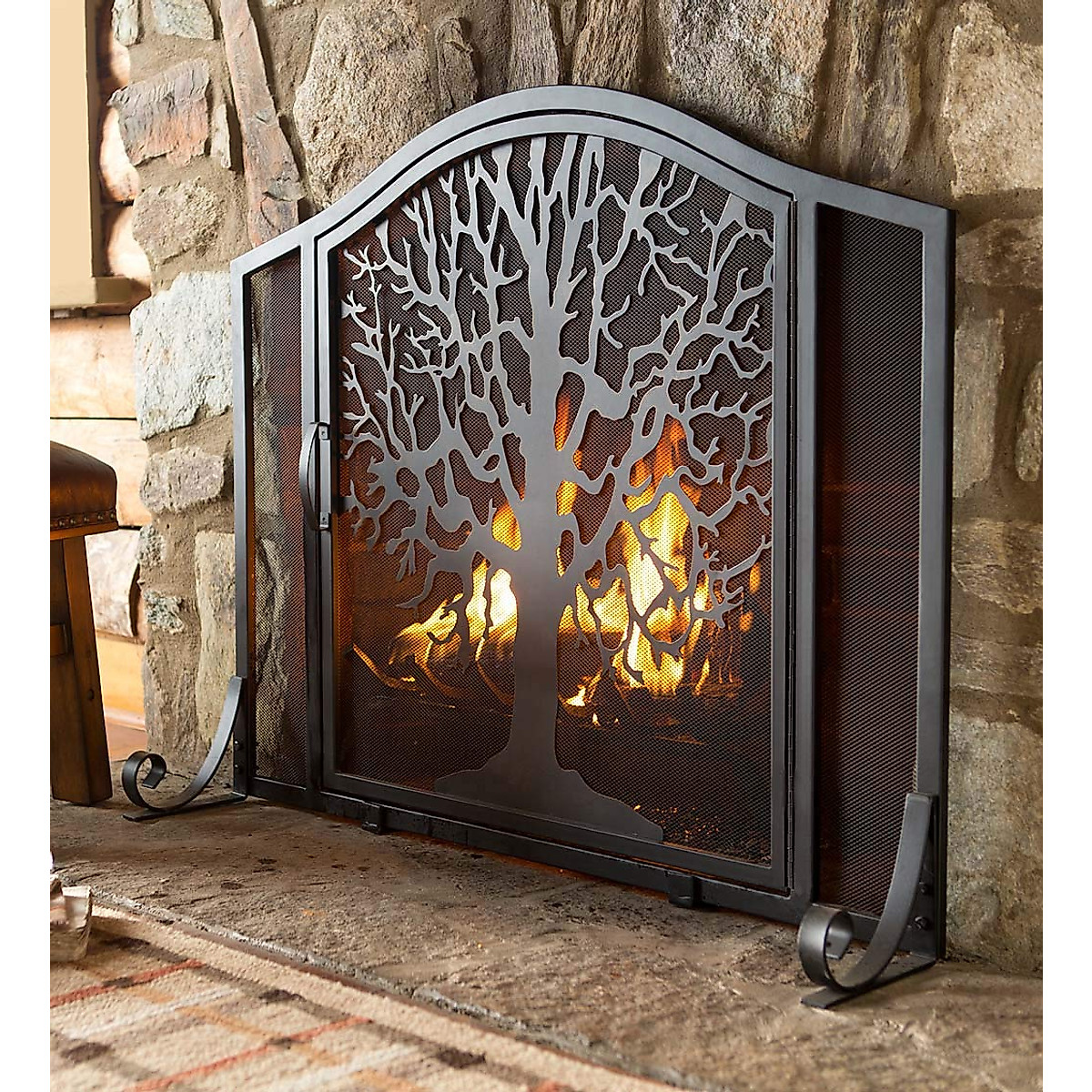 Plow & Hearth Metal Fireplace Screen Tree of Life Black | 44" W x 33" H | Flatguard | Spark Guard Grate | Iron Fire Place Cover | Wood Stove Accessories