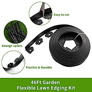 AGTEK 46FT Plastic Landscape Edging Kit 1.5in. Height No-Dig Garden Edging Border Lawn Edging Roll for Flower Bed Lawn Yard, Black with 42 Spikes