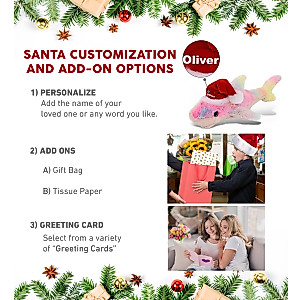 DolliBu Santa Rainbow Shark Stuffed Animal Plush Toy - Super Soft Wild Animal Dress Up with Red Santa Claus Hat, Cute Wildlife Gift, Perfect Holiday with Name Personalization - 14 Inch